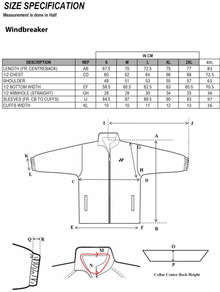 Windbreaker size chart - Singapore National Paralympic Council
