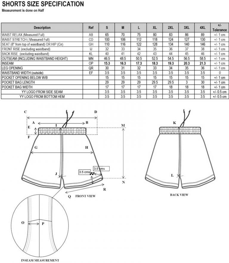 Shorts size chart - Singapore National Paralympic Council
